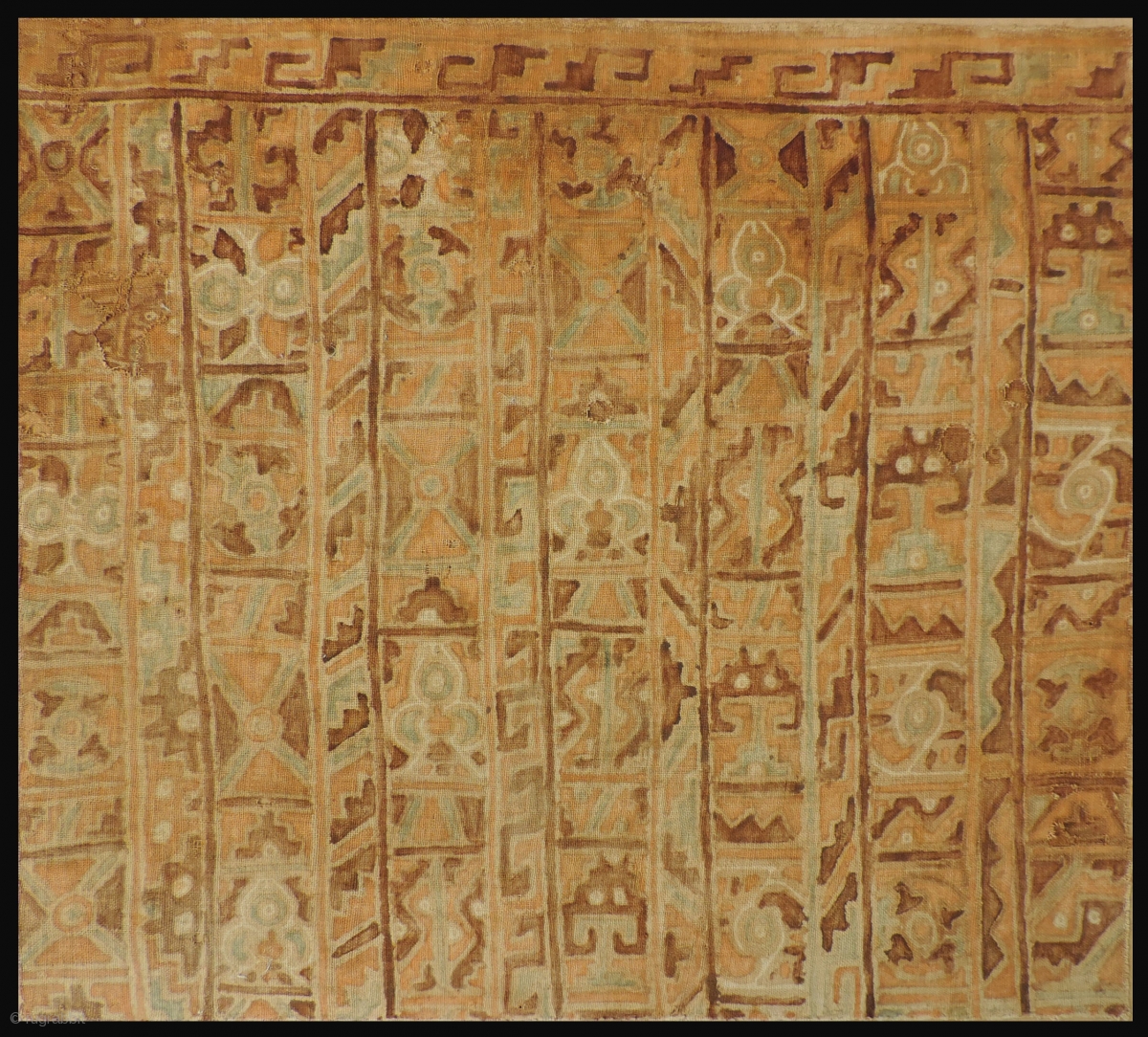 Pre-Columbian painted textile with bird, fish and geometric motifs ...